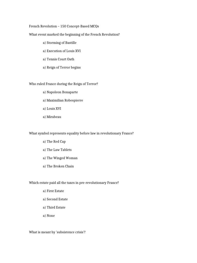 French Revolution MCQs Cleaned | PDF | French Revolution | Reign Of Terror