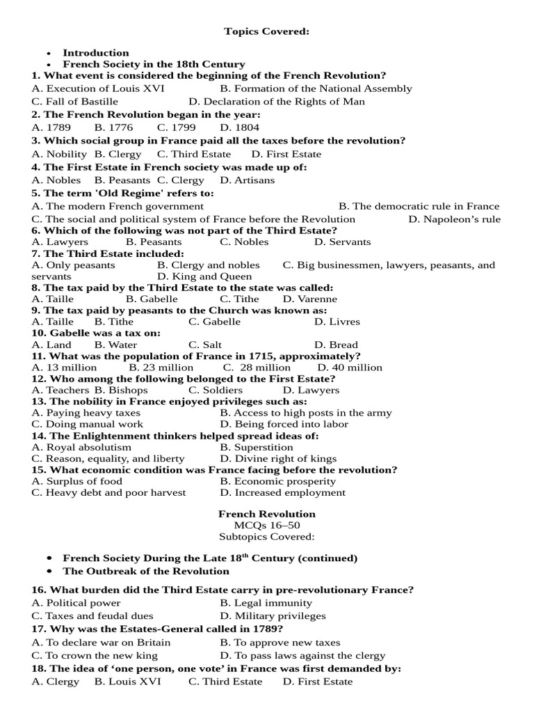 STD 9 Frenc Revolution MCQ 150 | PDF | Reign Of Terror | French Revolution