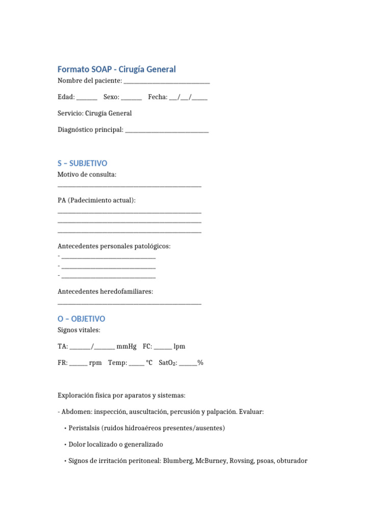 Formato SOAP Cirugía General | PDF