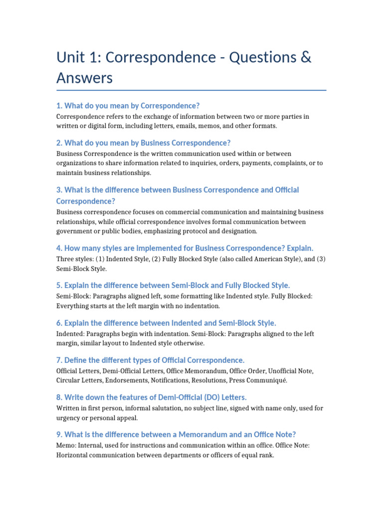 Unit 1 Correspondence Answers | PDF | Memorandum