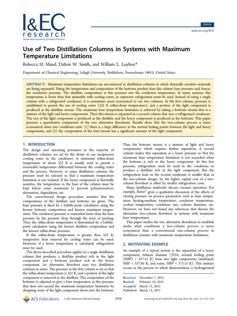 Use of Two Distillation Columns in Systems With Maximum Temperature ...
