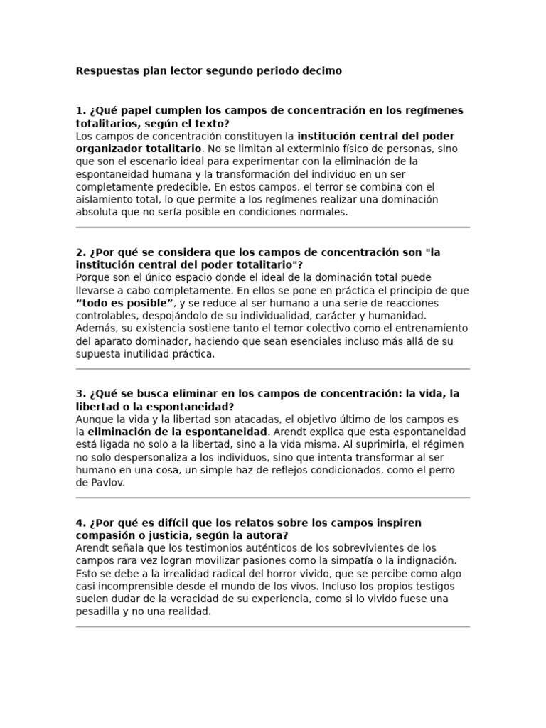 Respuestas Plan Lector 2 Periodo Decimo | PDF | Hannah Arendt ...