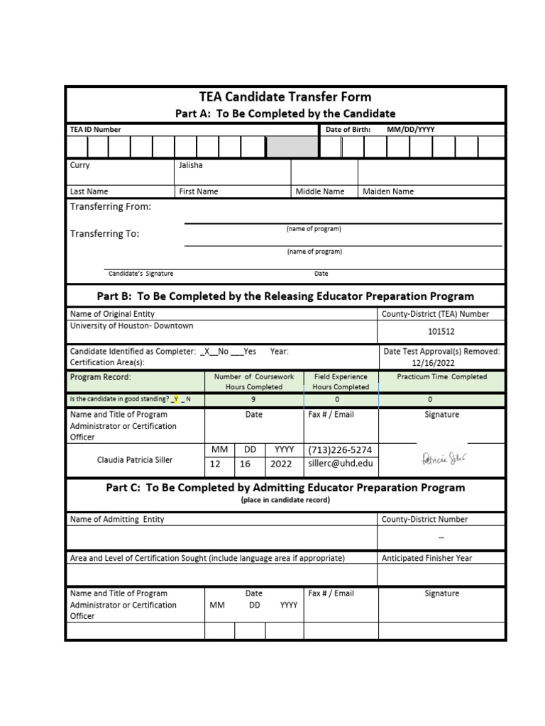 TEA Candidate Transfer Form-Jalisha Curry | PDF