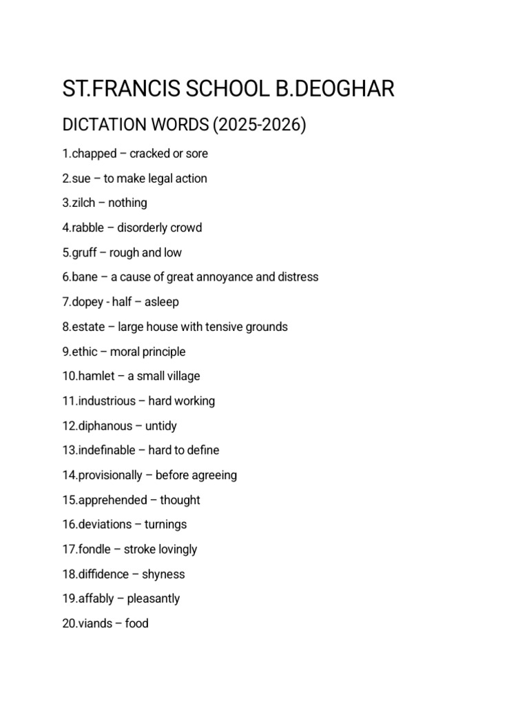 St. Francis School Dictation Words 2025-2026 | PDF | Atoms | Chemical Bond