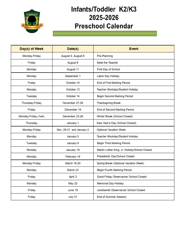 DRA Infant/Toddler CALENDAR 2025-26 | PDF