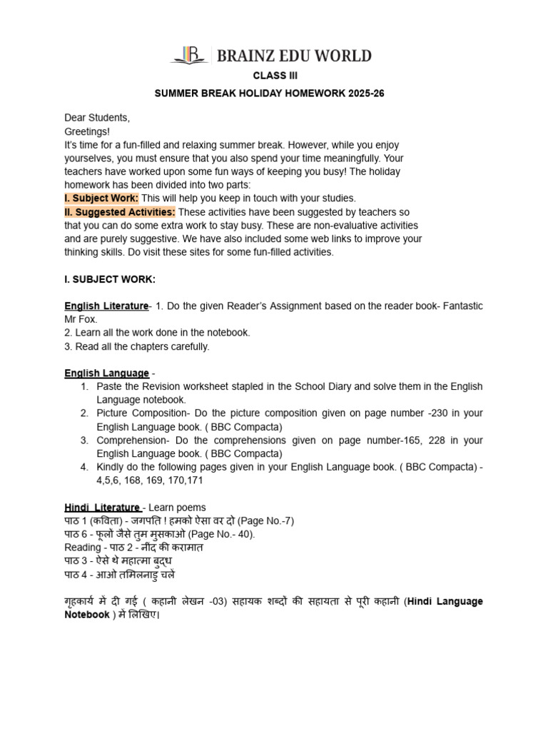 Class III (Holiday Homework) | PDF | Homework