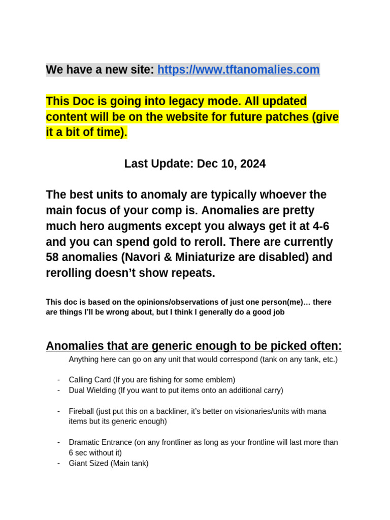 STheHero TFT Set 13 Best Anomaly List | PDF
