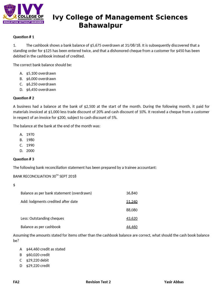 Bank Reconciliation Revision Test | PDF | Overdraft | Banks