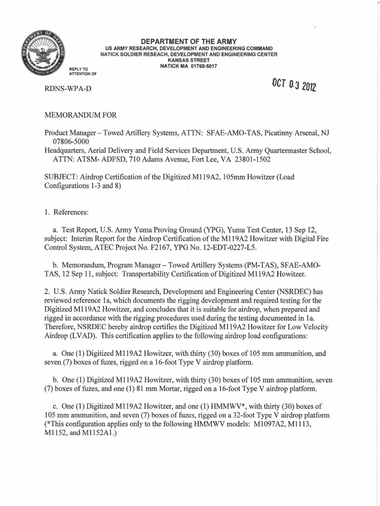 NSRDEC Digitized M119A2 Howitzer Cargo Plane Airdrop Cert of ...