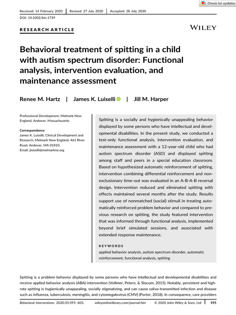 Behavioral Interventions - 2020 - Hartz - Behavioral Treatment of Spitting in A Child With ...