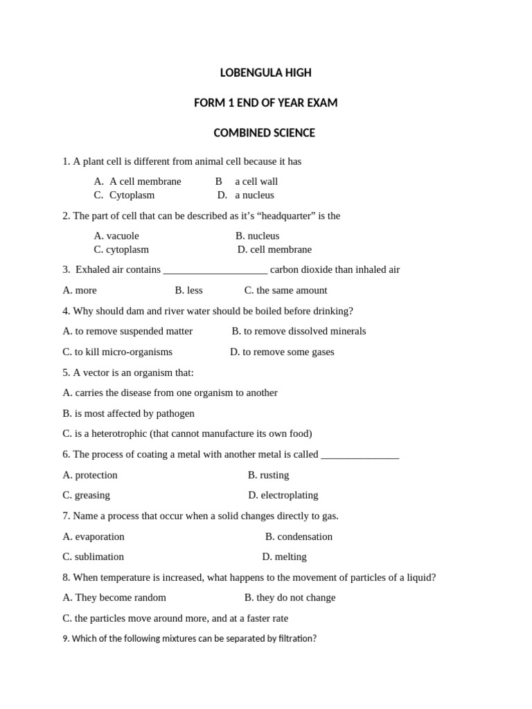 2024 Frm1 End of Year Exam | PDF | Chemical Substances | Water
