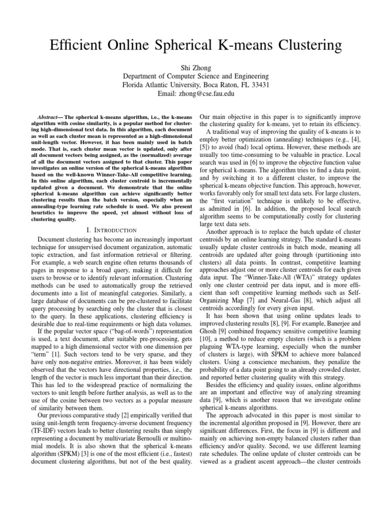 Zhong - 2005 - Efficient Online Spherical K-Means Clustering | PDF | Cluster Analysis | Applied ...