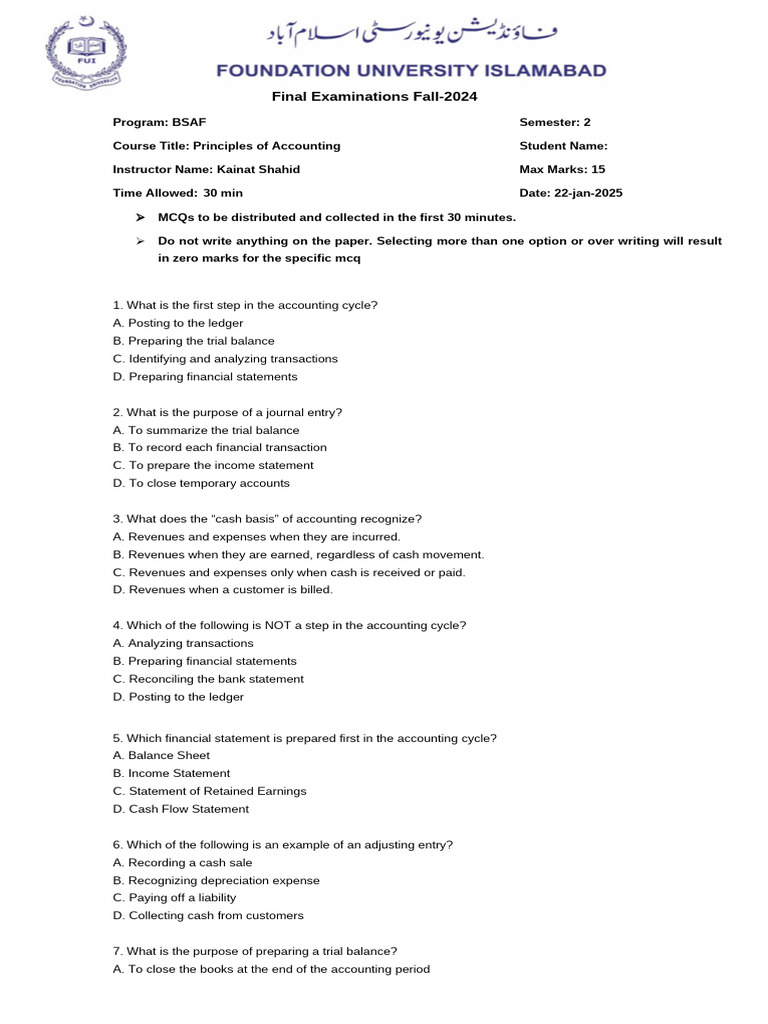 Fall 2024 Accounting Exam MCQs | PDF | Debits And Credits | Expense