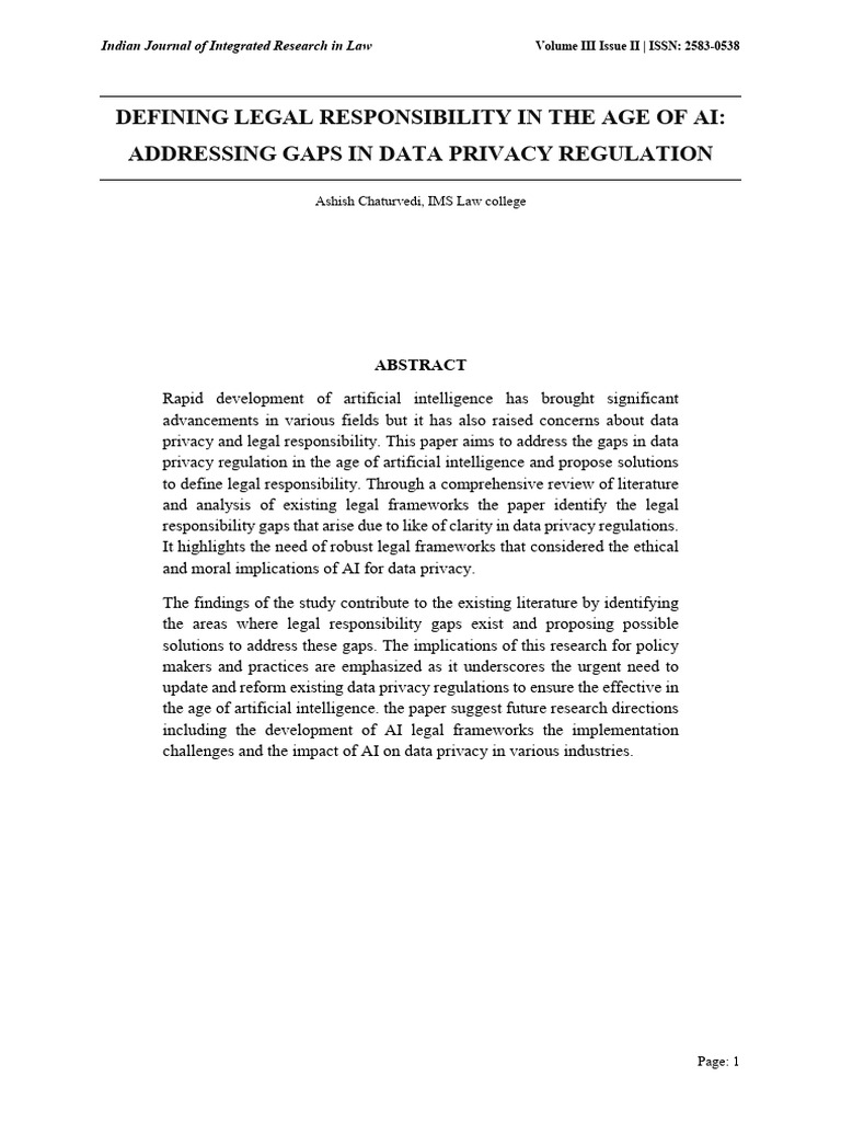 Defining Legal Responsibility in The Age of Ai Addressing Gaps in Data Privacy Regulation | PDF ...
