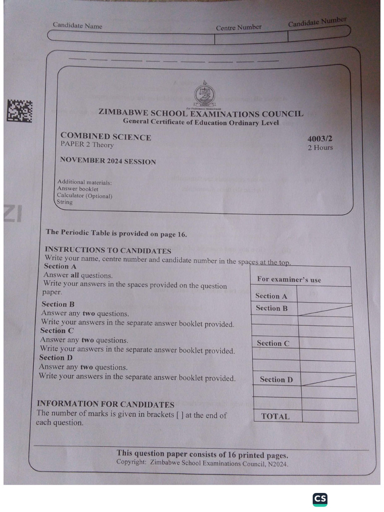 Combined Science Paper 2 Nov 2024 PDF | PDF