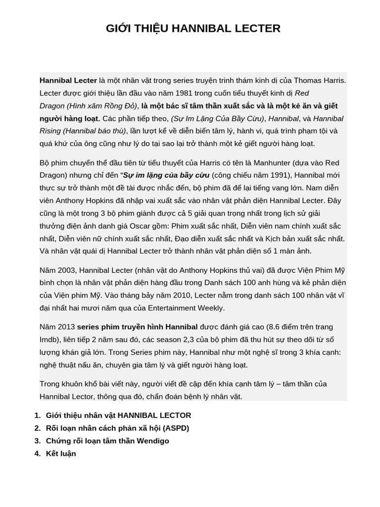NHÌN NHẬN HANNIBAL LECTER NHƯ 1 KIỂU NHÂN VẬT TÂM LÝ - PHÂN TÍCH CỦA PHAMTOQUYEN | PDF