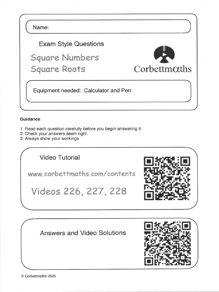 Square Numbers Answers | PDF