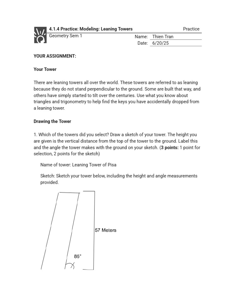 Leaning Towers Modeling Practice | PDF | Trigonometry | Classical Geometry