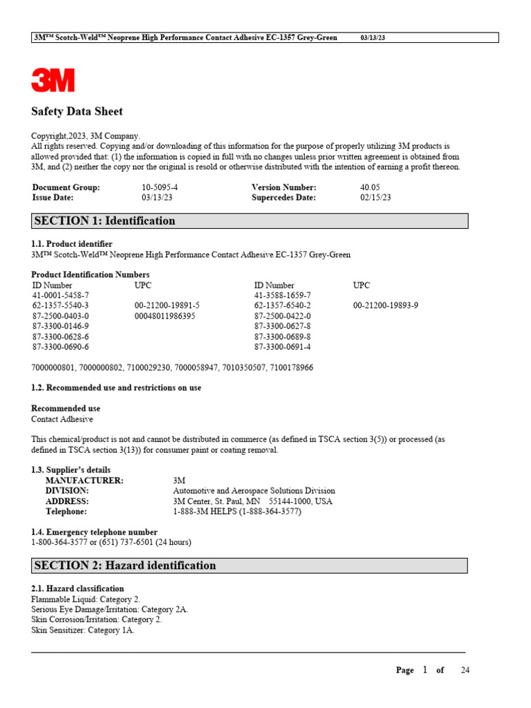 EC-1357 Adhesive Safety Data Sheet | PDF | Benzene | Toxicity