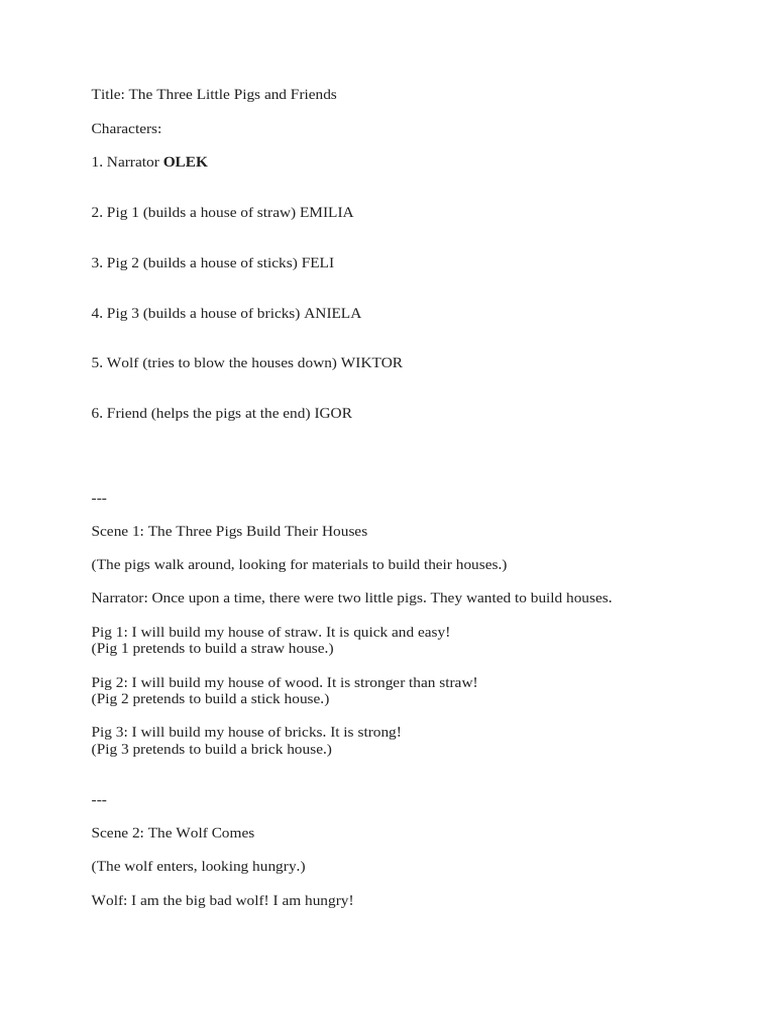 Three Little Pigs Play Script | PDF