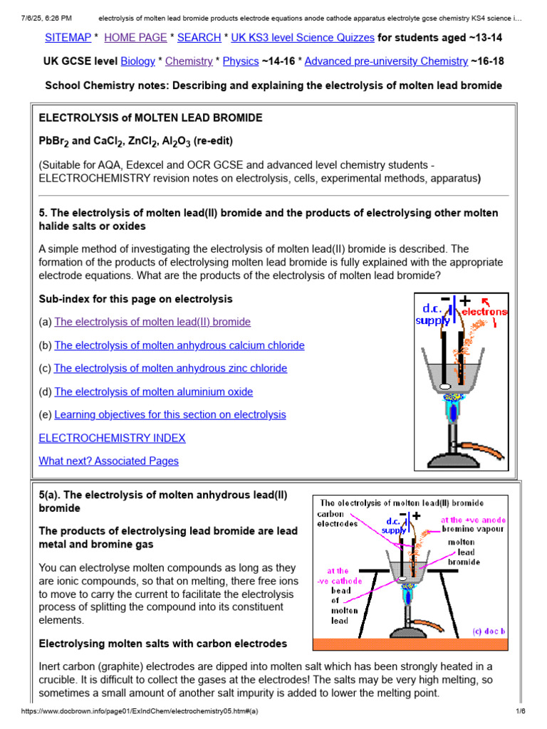 Electrolysis of Molten Lead 2 Bromide | PDF | Redox | Anode