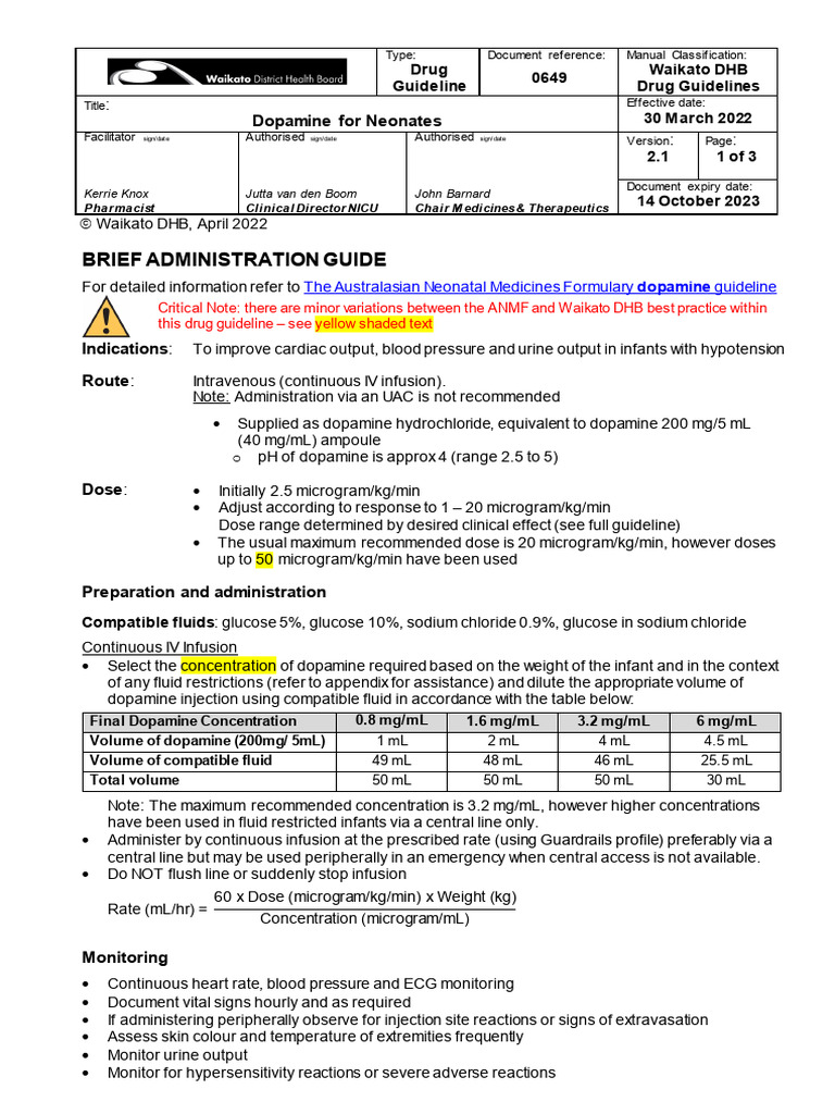 Neonatal Dopamine Infusion Guidelines | PDF | Intravenous Therapy ...
