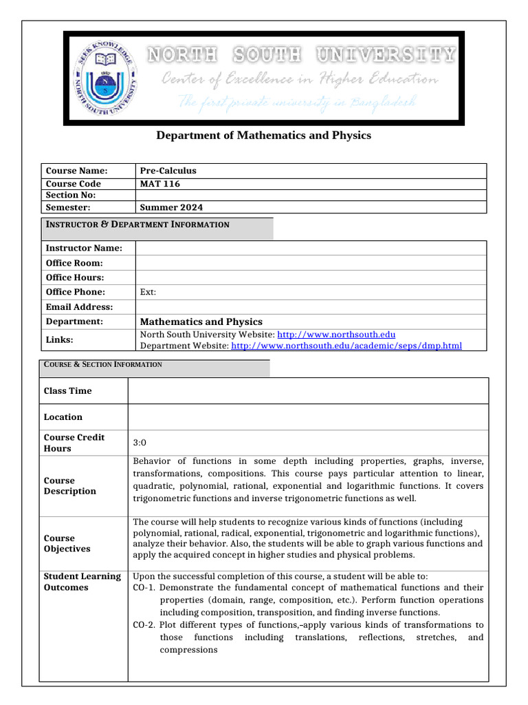 NSU Course Outline MAT 116-1 | PDF | Trigonometric Functions | Function ...