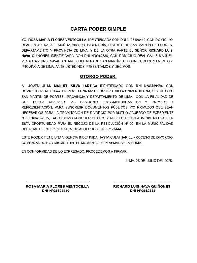 Carta Poder Rosa Flores y Richard Nava | PDF