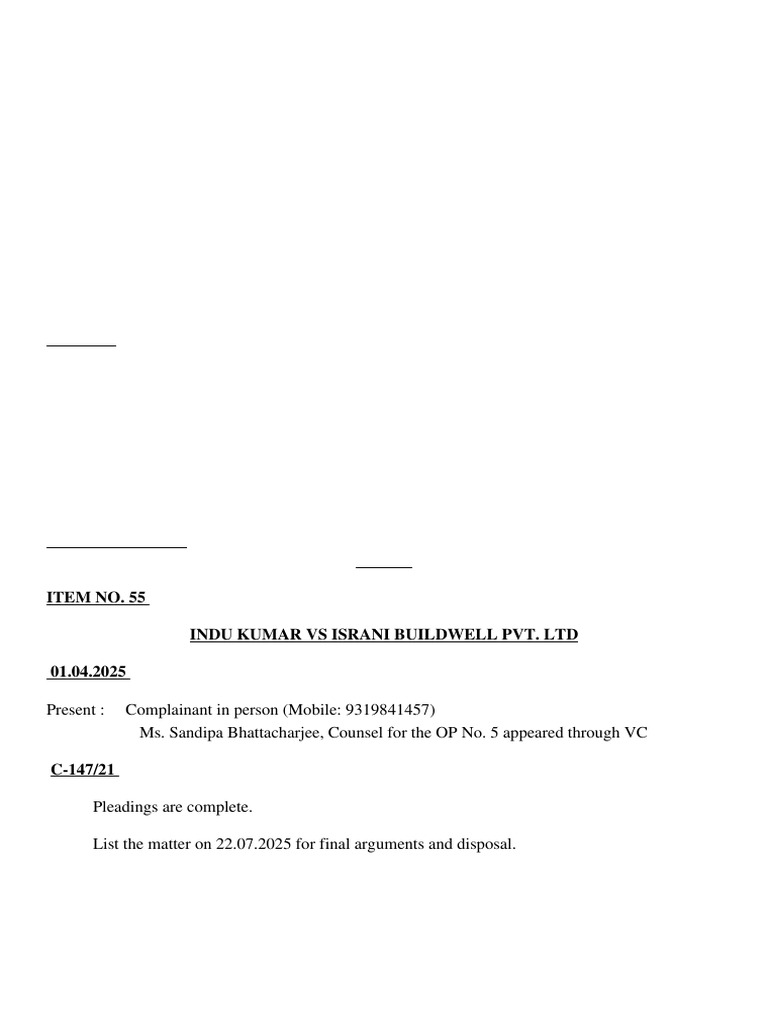 State Consumer Disputes Redressal Commission: Ms. Indu Kumar and ...