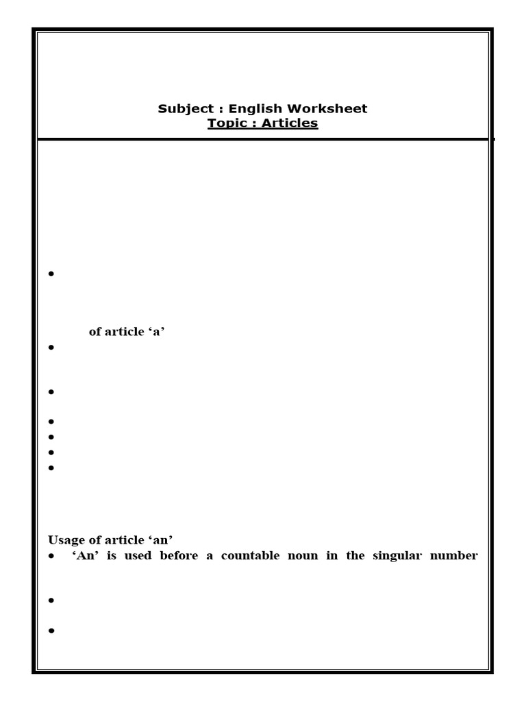 CBSE Class 4 English Revision Worksheet (130) - Articles | PDF | Linguistics | Grammar