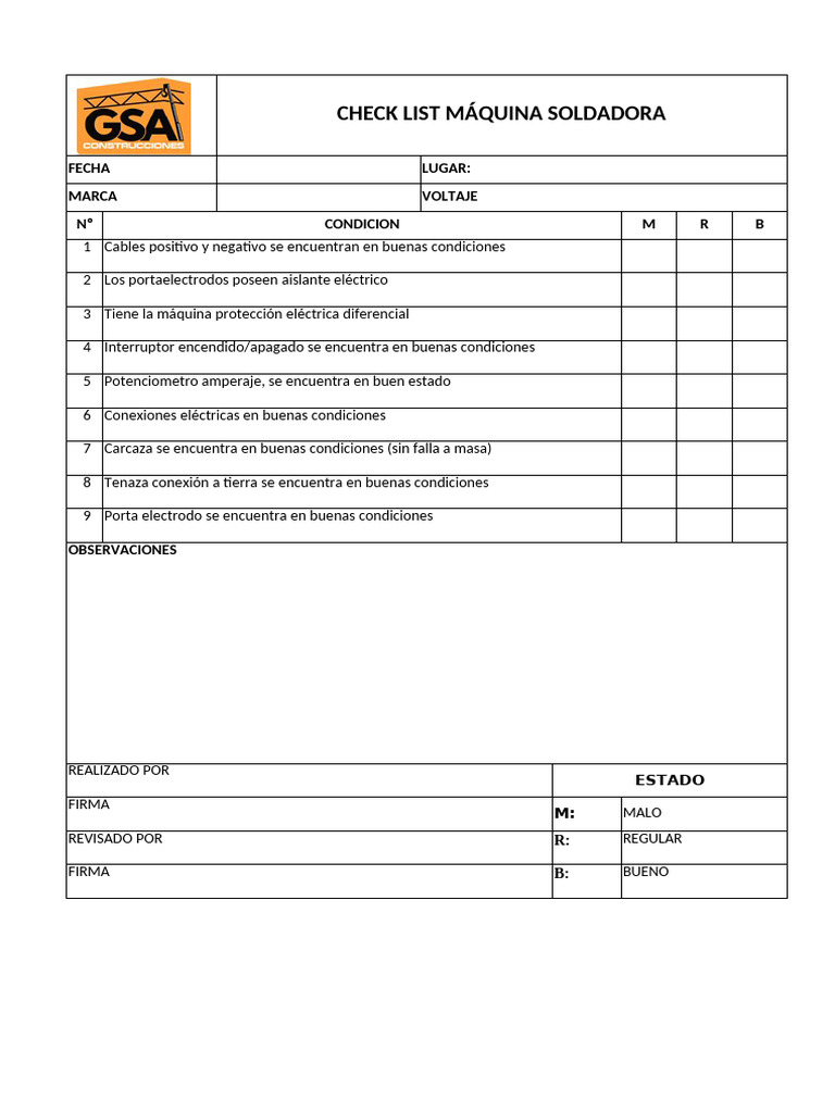 Checklist Maq. Soldadura | PDF