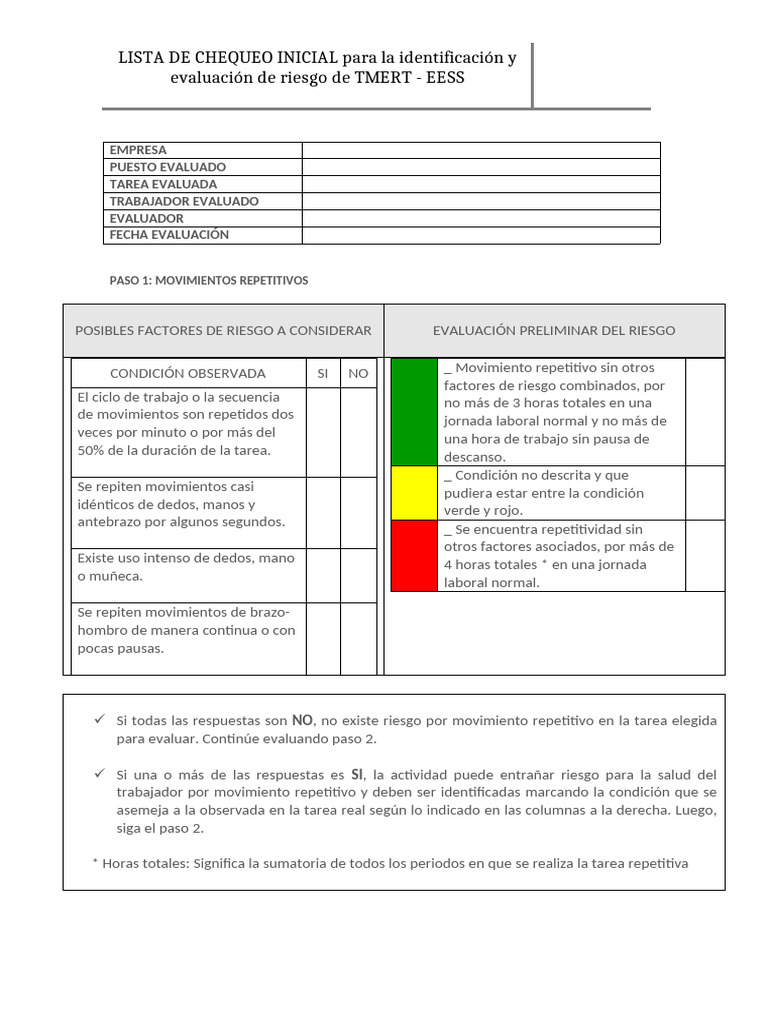 Lista de Chequeo Inicial Tmert | PDF | Mano | Tiempo de trabajo