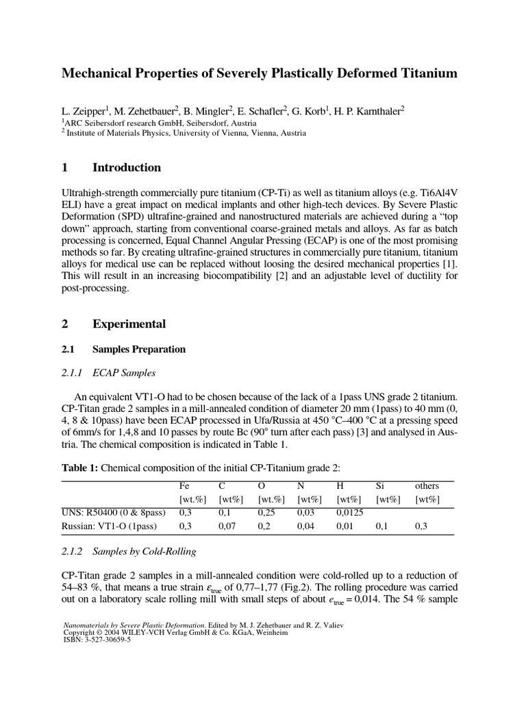 Mechanical Properties of Severely Plastically Deformed Titanium | PDF ...