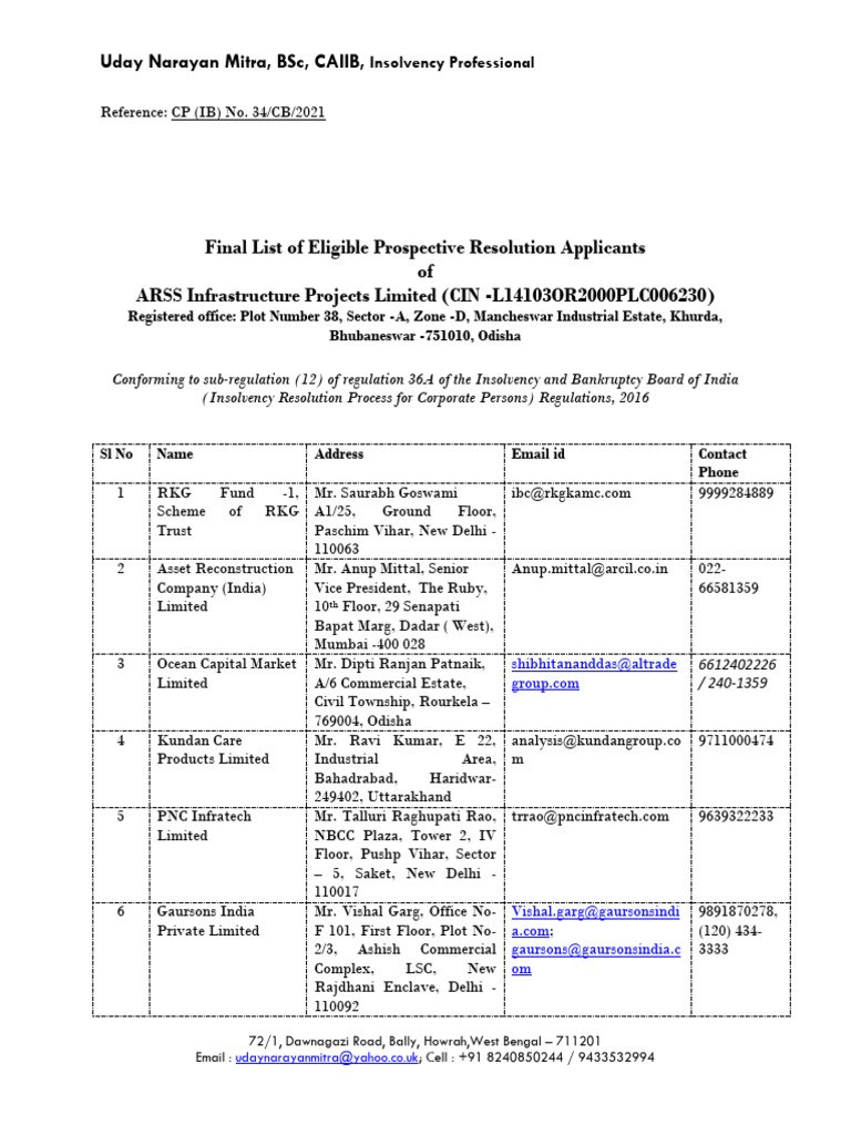 Eligible Resolution Applicants for ARSS Infrastructure | PDF ...
