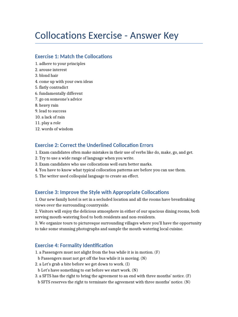 Collocations Answer Key | PDF