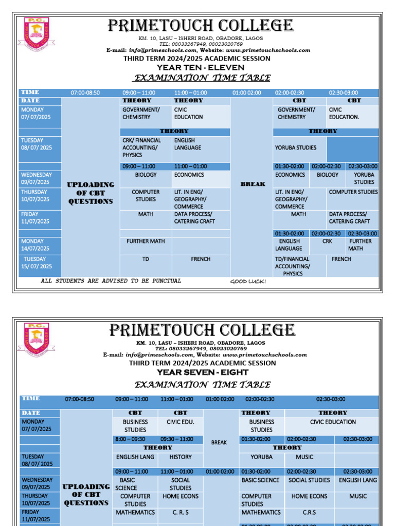 Primetouch College 2025 Exam Timetable | PDF | Science