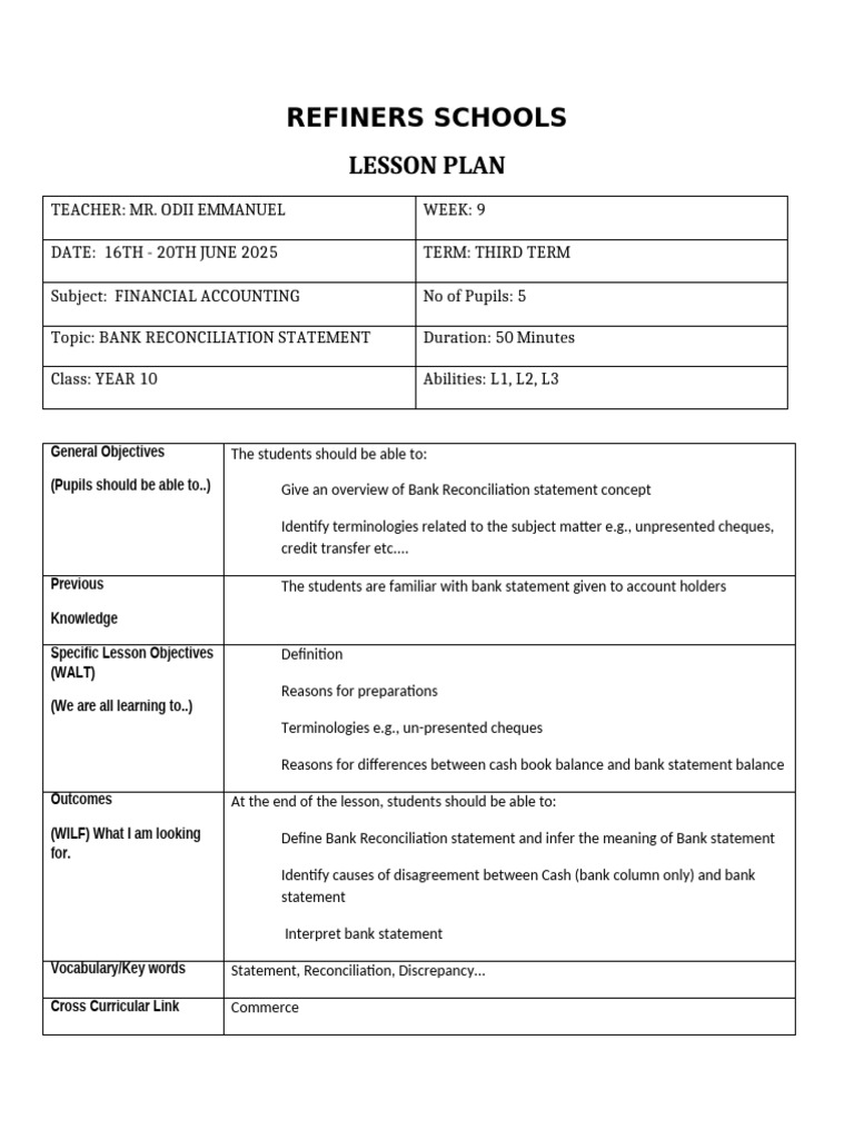 Year 10 Bank Reconciliation Lesson Plan | PDF | Banks | Overdraft
