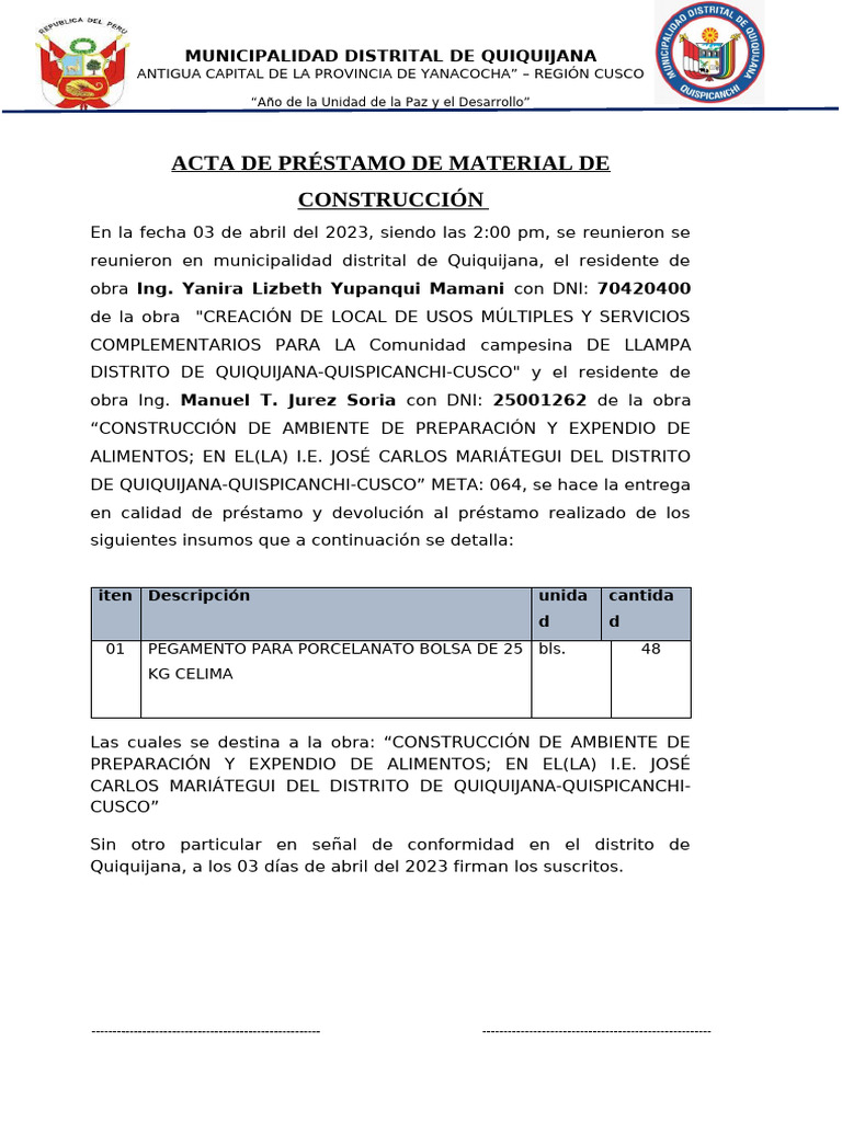 Acta de Préstamo de Material en Quiquijana | PDF
