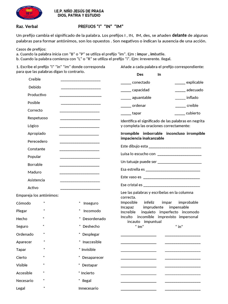 Prefijos I in Im. 3er Grado | PDF