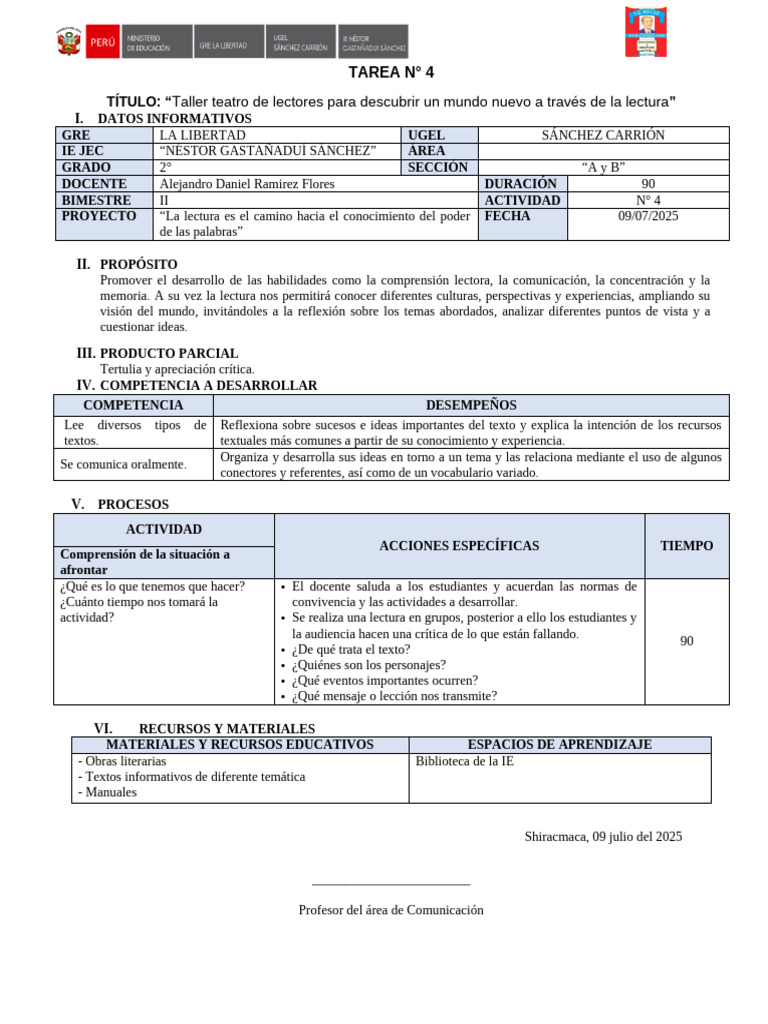 N°4-Taller Teatro de Lectores 2°a-B | PDF | Comprensión lectora | Cognición