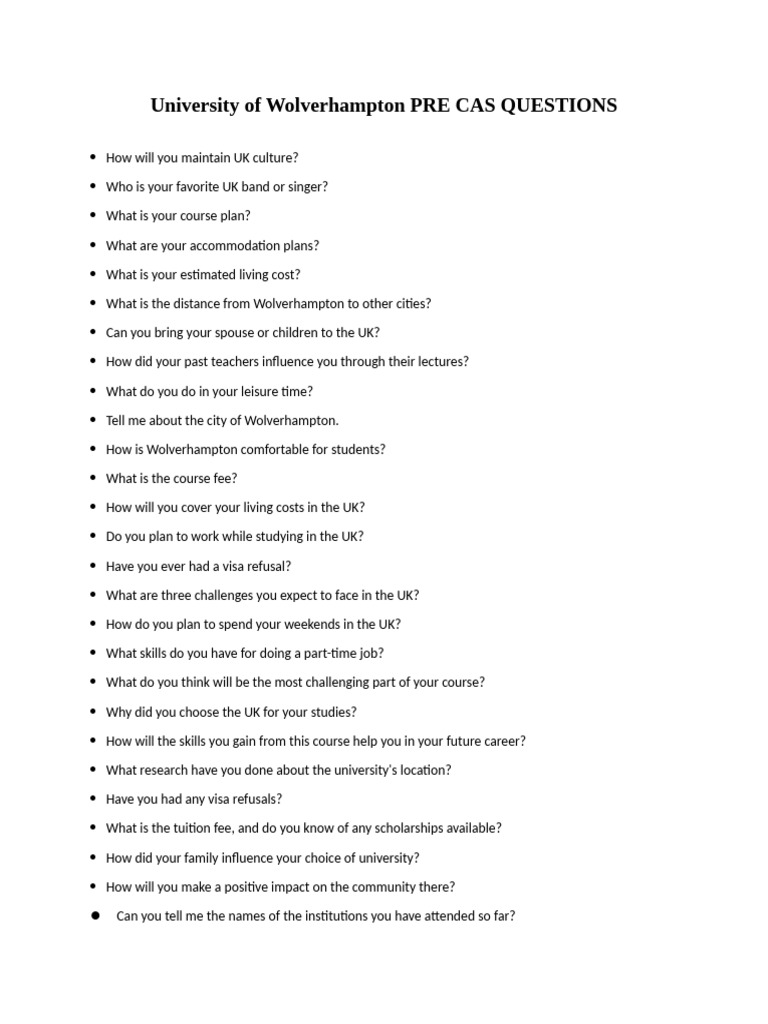 University of Wolverhampton PRE CAS QUESTIONS | PDF | Cost Of Living | University