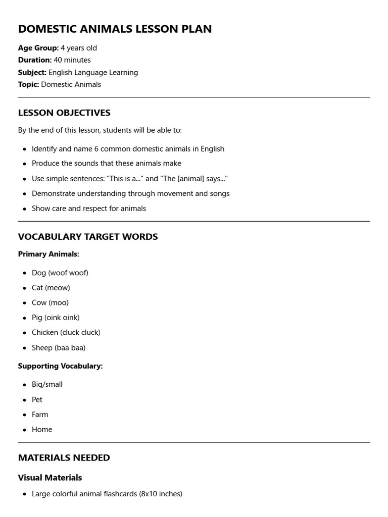 Domestic Animals Lesson Plan For 4-Year-Olds | PDF | Old Mac Donald Had ...