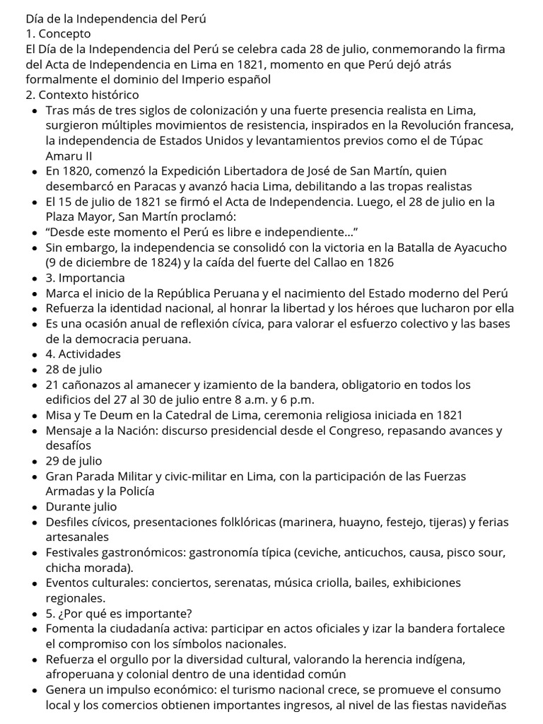 Día de La Independencia Del Perú 1. Concepto El Día de La Independencia ...