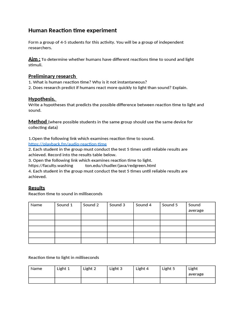 Y9 Human Reaction Time Experiment | PDF | Mental Chronometry | Experiment