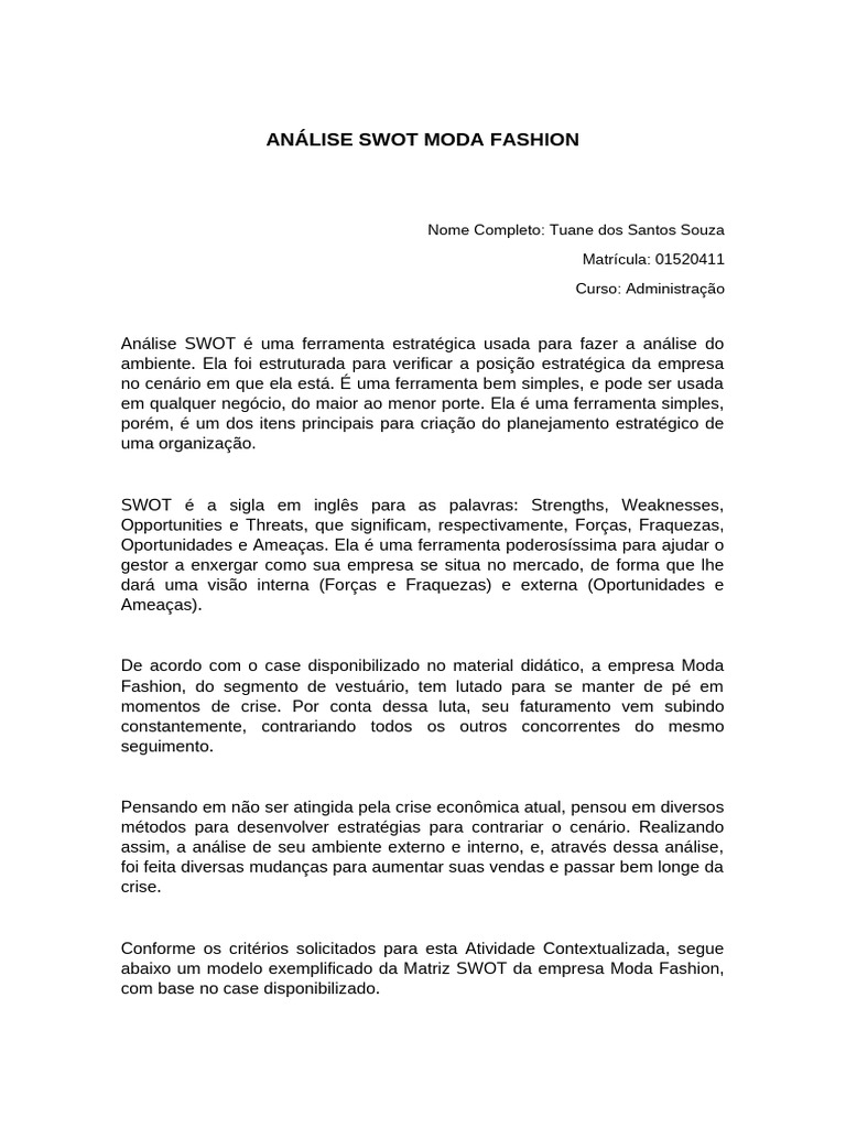 Análise SWOT da Moda Fashion | PDF | Análise SWOT | Economias