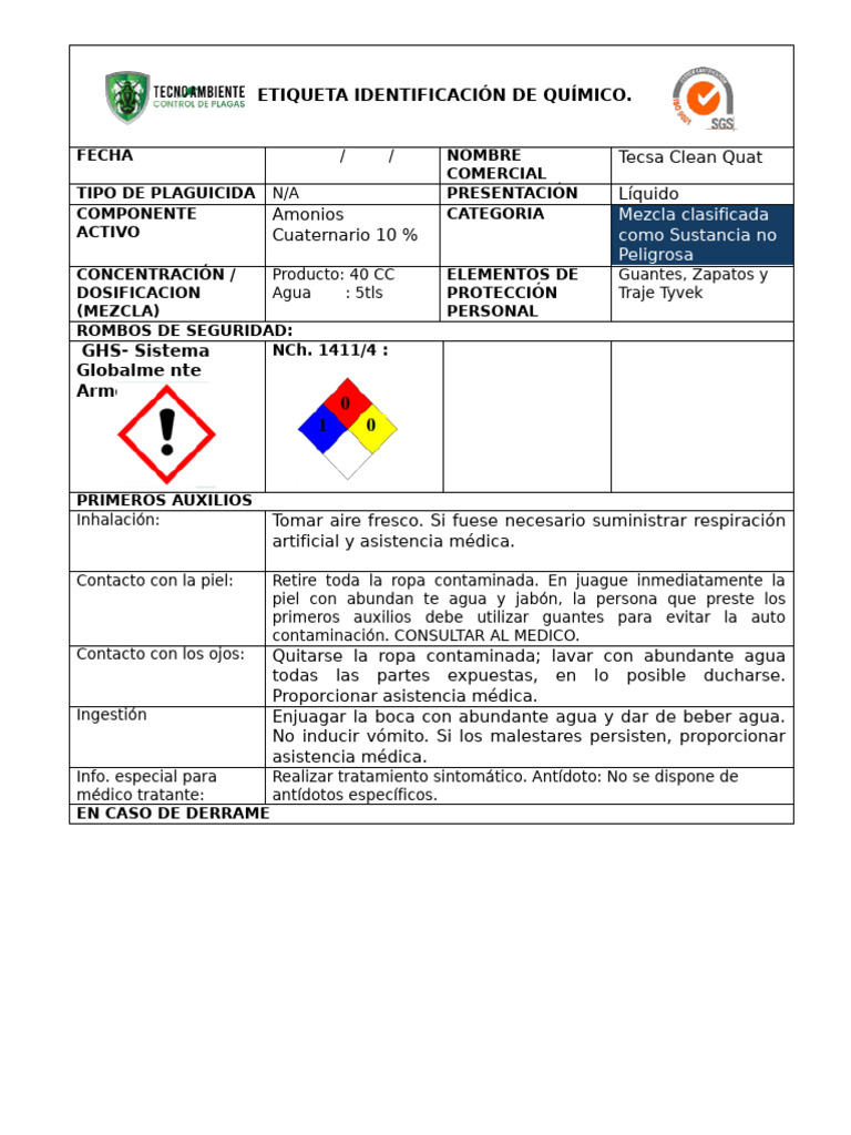 Etiqueta Identificación de Químico (Tecsa Clean Quat) | PDF | Agua