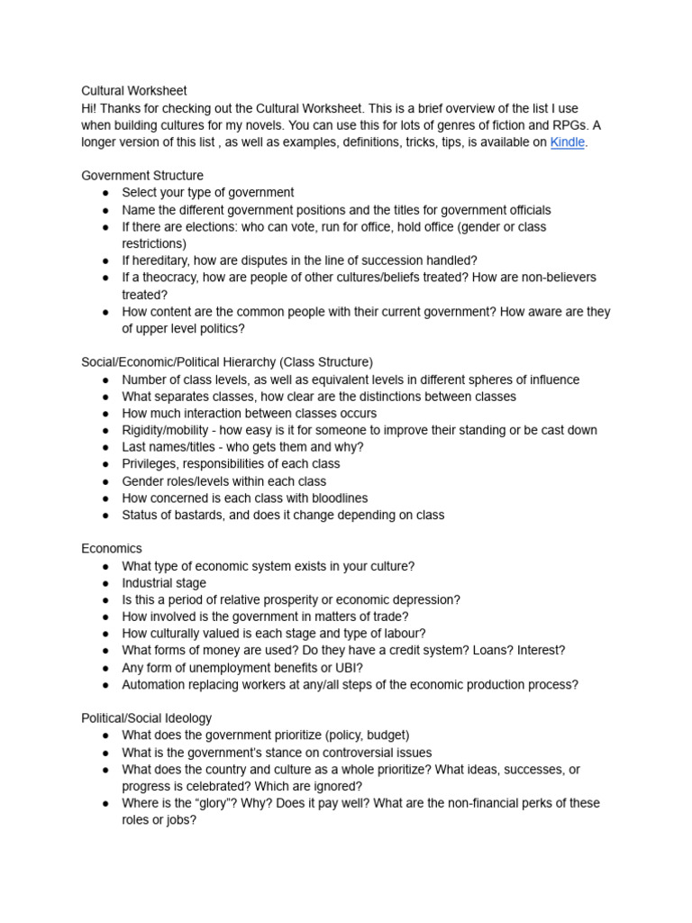 Cultural Worksheet for Fiction Writers | PDF | Marriage | Crimes