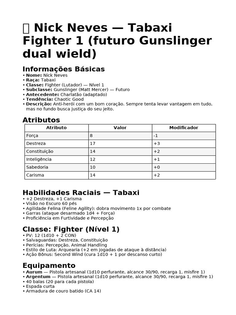 ? Nick Neves - Tabaxi Fighter 1 (Futuro Gunslinger Dual Wield) | PDF