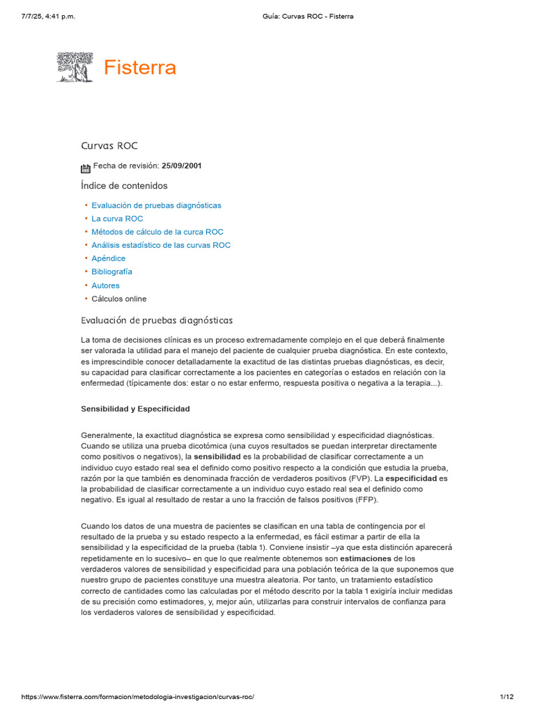 Guía - Curvas ROC - Fisterra | PDF | Característica Operativa del Receptor | Sensibilidad y ...