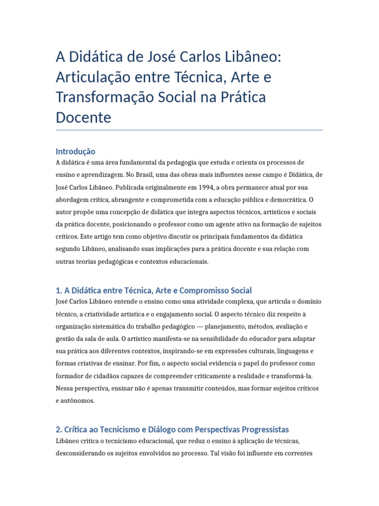 A Didatica de Jose Carlos Libaneo | PDF | Pedagogia | Aprendizado